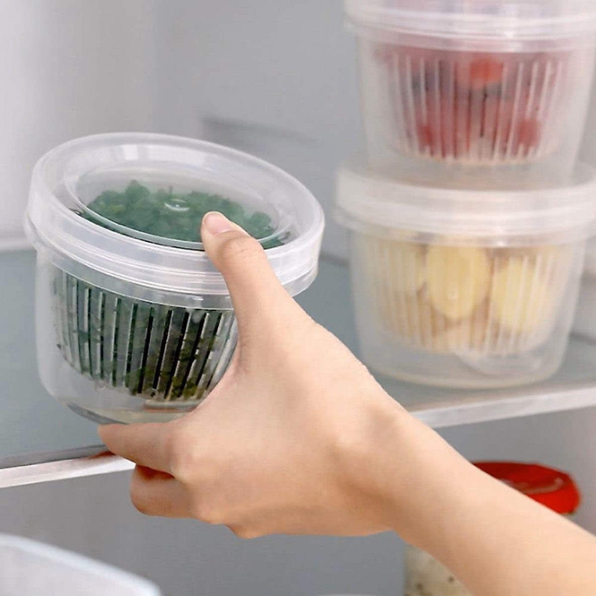 gofidin 4 Pcs Vegetable Storage Box, Ginger Garlic Onion Keep Fresh Container with Drain Basket Double Layer Plastic Transparent Food Drainage Sealing Box