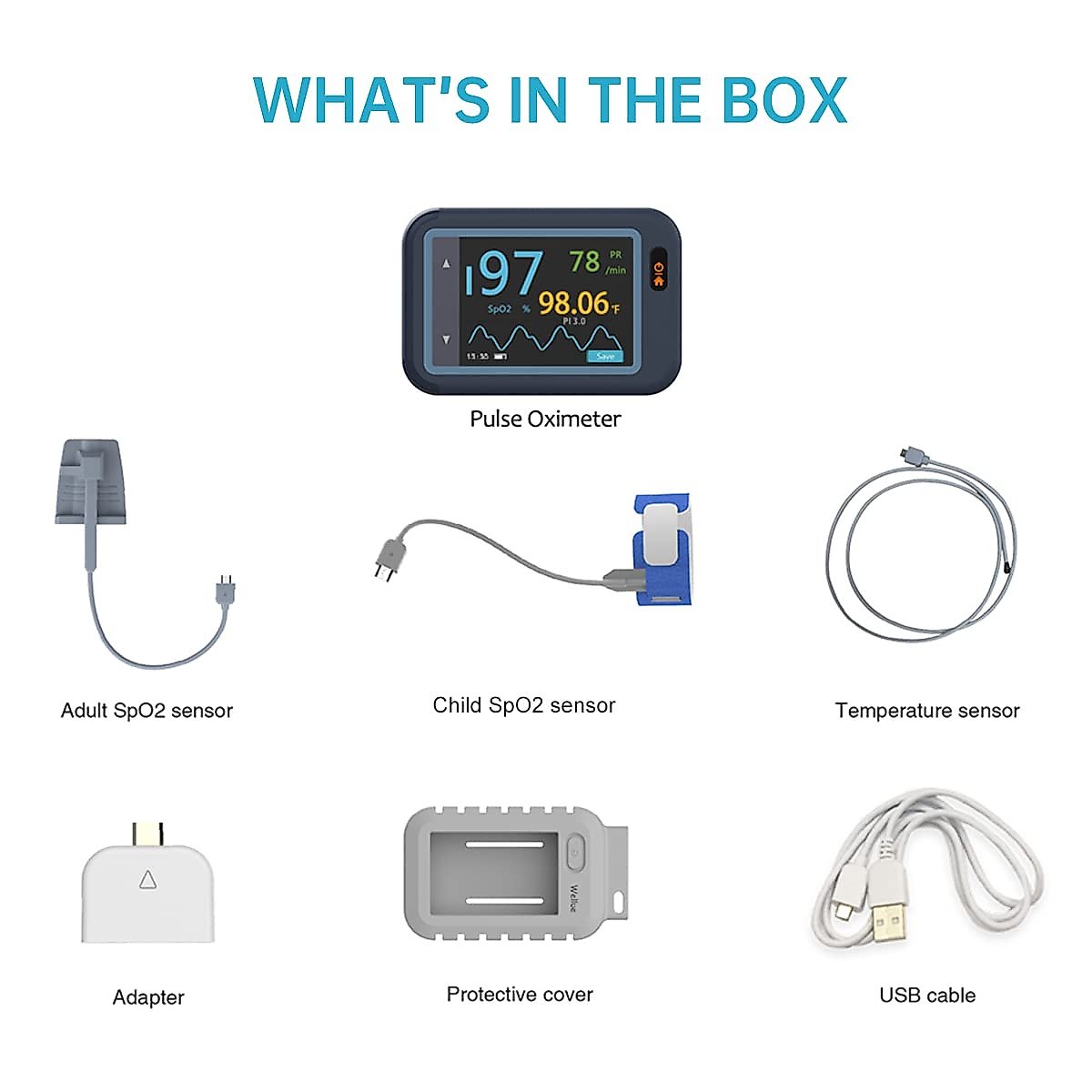 Wellue Smart Pulse Oximeter for Adults and Infant, Handheld Oxygen Monitor for SpO2&HR&body temperature, Rotatable Touchscreen, Free APP&PC Software (checkmepro)