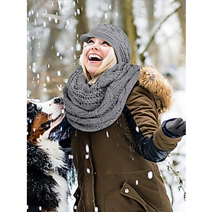 URATOT 3 Pieces Women Winter Hat Scarf Glove Set Warm Skull Beanie Hat with Visor Knitted Touch Screen Glove Scarf 3 In 1 Set