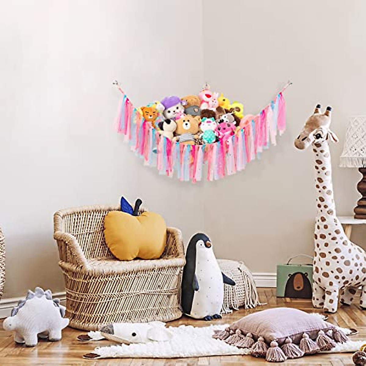 Vorey Stuffed Animal Storage Macrame Stuffed Animal Net or Hammock Toy Hammock Stuffed Animal Holder Hanging Stuffed Animal Organizer Plushie Net for Stuffed Animals Corner, Pink