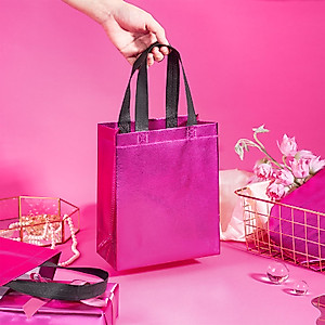 WRAPAHOLIC 12 Pack Reusable Hot Pink Gift Bag with Handles - Medium Size 8 x 4 x 10 inch - Perfect for Baby Gift Bags, Shopping Bag, Goodie Bags, Party Favor Bags