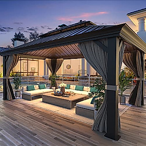 MELLCOM 12' X 16' Hardtop Gazebo Galvanized Steel Outdoor Gazebo Canopy Double Vented Roof Pergolas Aluminum Frame with Netting and Curtains for Garden, Patio, Lawns