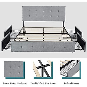 HOOMIC King Size Platform Bed Frame with 4 Storage Drawers, Adjustable Headboard with Square Stitched Button Tufted Design, Wooden Slats, No Box Spring Needed, Noise Free, Easy Assembly, Light Grey