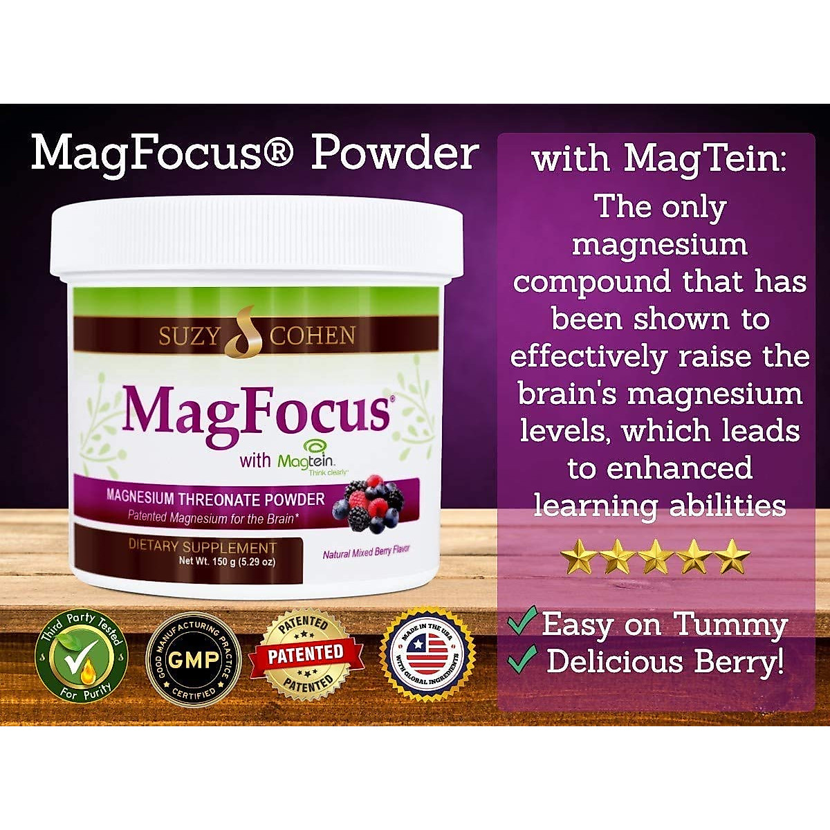 Suzy Cohen MagFocus Magnesium L-Threonate Powder with Magtein (Mixed Berry) Plus Magnesium Glycinate for Wellness, Focus, and Cognition - Gluten-Free, Non-GMO, Vegetarian (60 Servings)