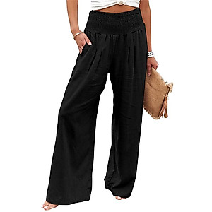 REDMORE High Waisted Wide Leg Pants for Women Summer Beach Boho Cotton Linen Palazzo Pants Casual Flowy Trousers with Pockets Black