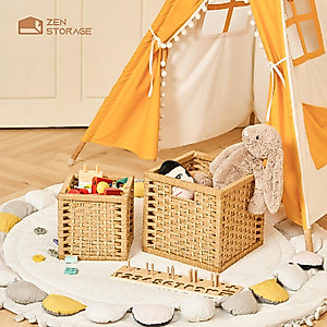 Wicker Basket with Built-In Handle, Handmade Square Wicker Basket for Shelf, Paper Wicker Cube Storage Bins for Book/Magazine/Blanket/Toy/Snack, Set of 2, Small and Large, 11.8 * 11.8 * 11.2 Inch