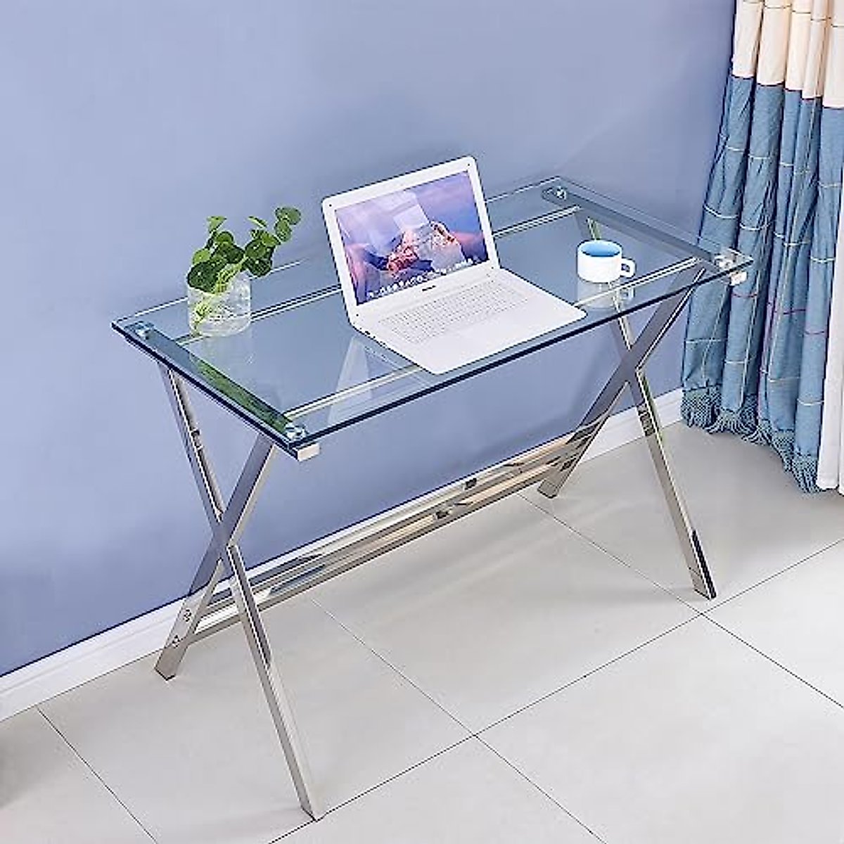 SMARTIK Modern Glass Computer Desk, Clear Study Table - Gaming Desks, Study Desk, and Workstation Table for Small Spaces - Stainless Steel Frame 43.5" x 21.7" x 29.9"