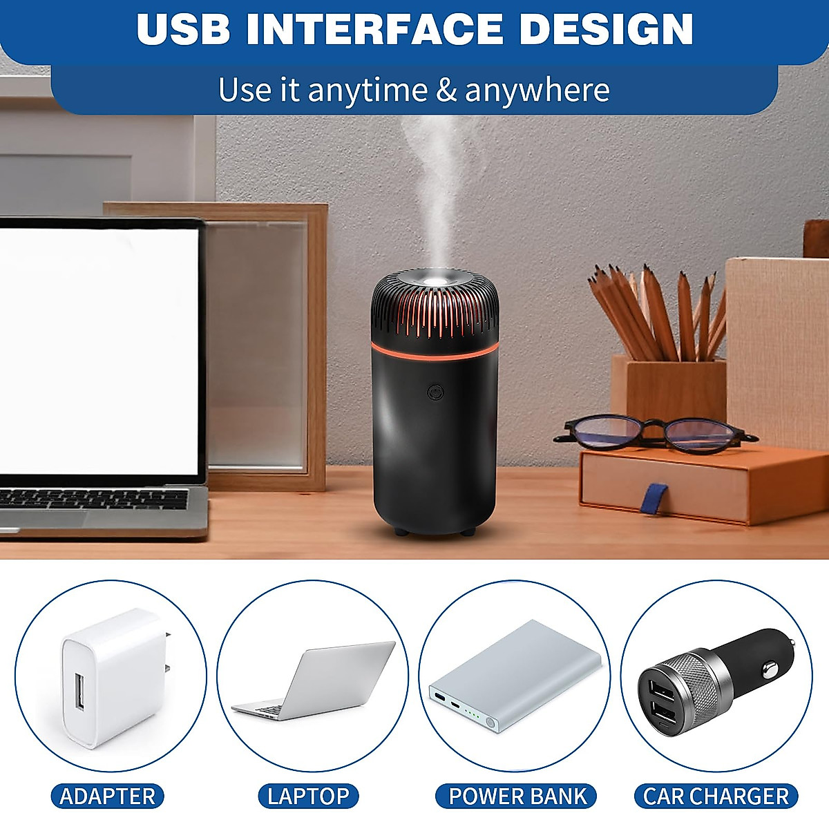 Generic Car Diffuser Humidifier Aromatherapy Essential Oil Diffuser USB Mist Mini Portable Diffuser for Car Home Office Bedroom, 100ML, Black