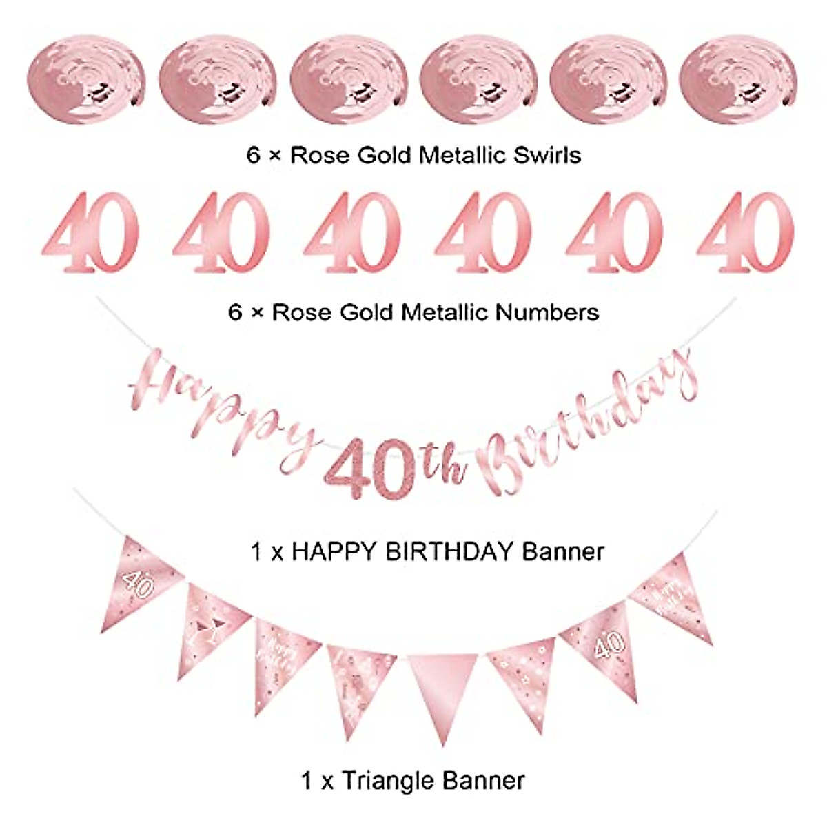 Rose Gold 40th Birthday Decoration for Girls, Happy 40th Birthday Banner Bunting Swirls, Triangle Flag Banner for 40 Birthday Party Decorations Supplies