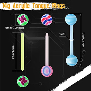 CrazyPiercing 100Pcs 14G Acrylic Tongue Rings, Multi Color Assortment Flexible Tongue Rings Barbells Mix Piercing