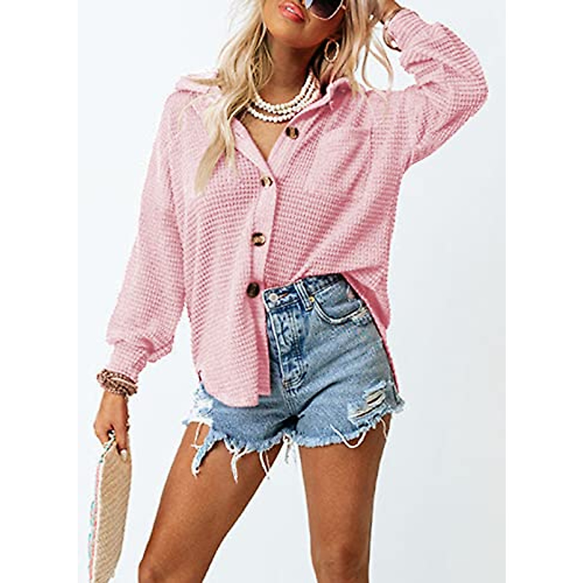 Dokotoo Women's Long Sleeve V Neck Waffle Knit Shacket - Comfy Winter Button Down Jacket - Pink XXL