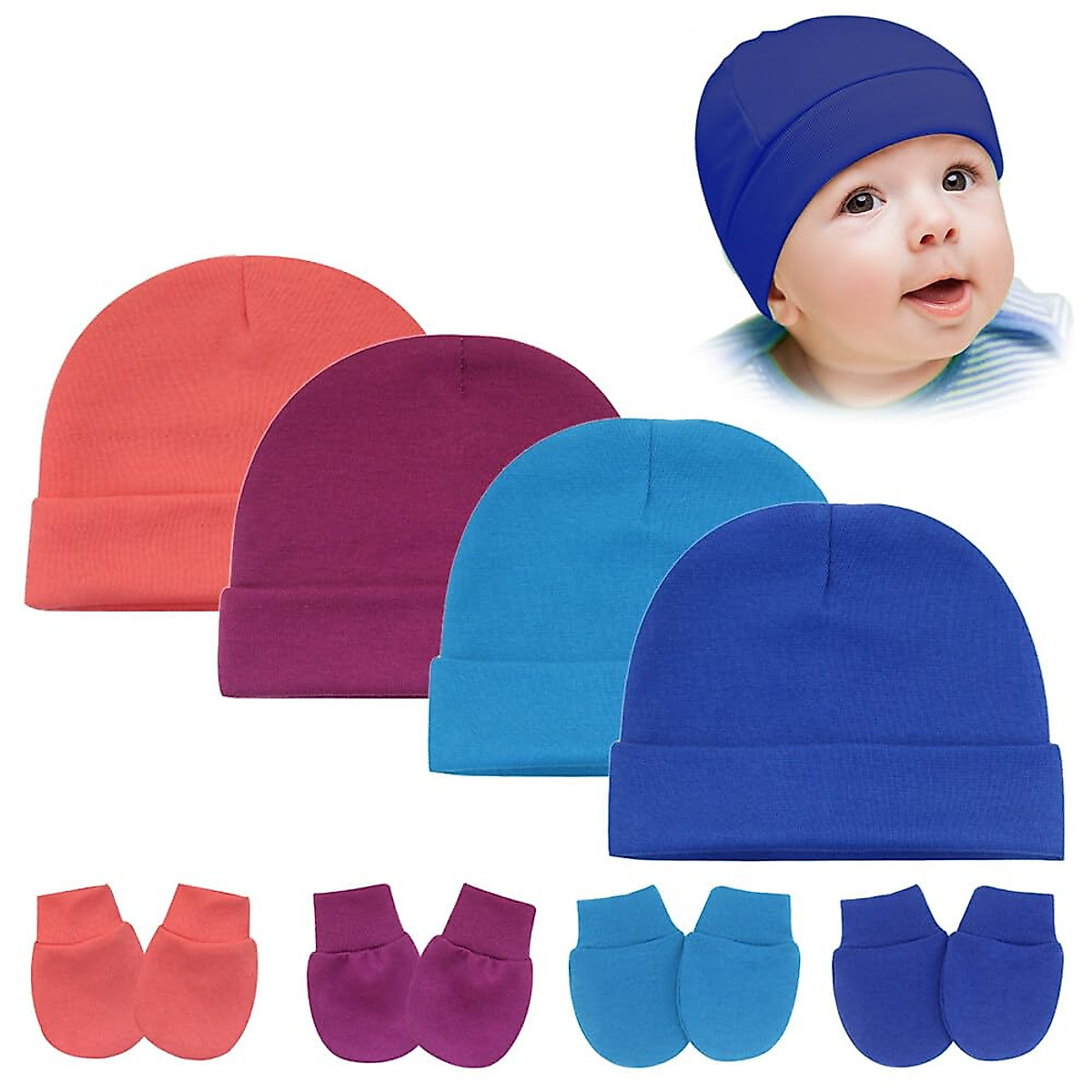 8PCS Newborn Baby Hats and Mittens Set Gloves Beanies No Scratch Mittens Warm Swaddling Elastic Infants Hats 0-6 Months