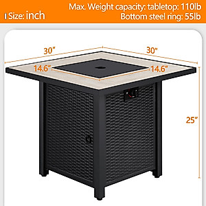 Yaheetech 30" Propane Gas Fire Pit Table 50,000 BTU Square Gas Fire Table with Ceramic Tabletop and Blue Fire Glass for Outdoor /Patio with Rattan Pattern Steel Base/Lid, Black