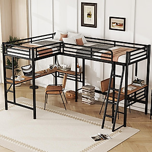 MERITLINE Metal Twin Size L-Shaped Loft Bed, Twin Size Loft Bed Frame with Two Built-in Desks Underneath for Kids Boys Teens, Black