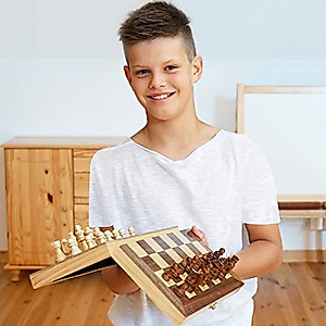 Magnetic Wooden Chess Checkers Set for Kids and Adults - 12 in Staunton Chess Set - Travel Portable Folding Chess Board Game Sets - Storage for Wood Pieces - 2 Extra Queens