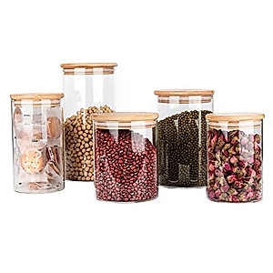 IZEJAZT Glass Jars With Bamboo Lids. 5 Pc Set of Air Tight Sealable Containers. Food Jar Canisters with Airtight Lid for Pantry Storage and Kitchen Organization.