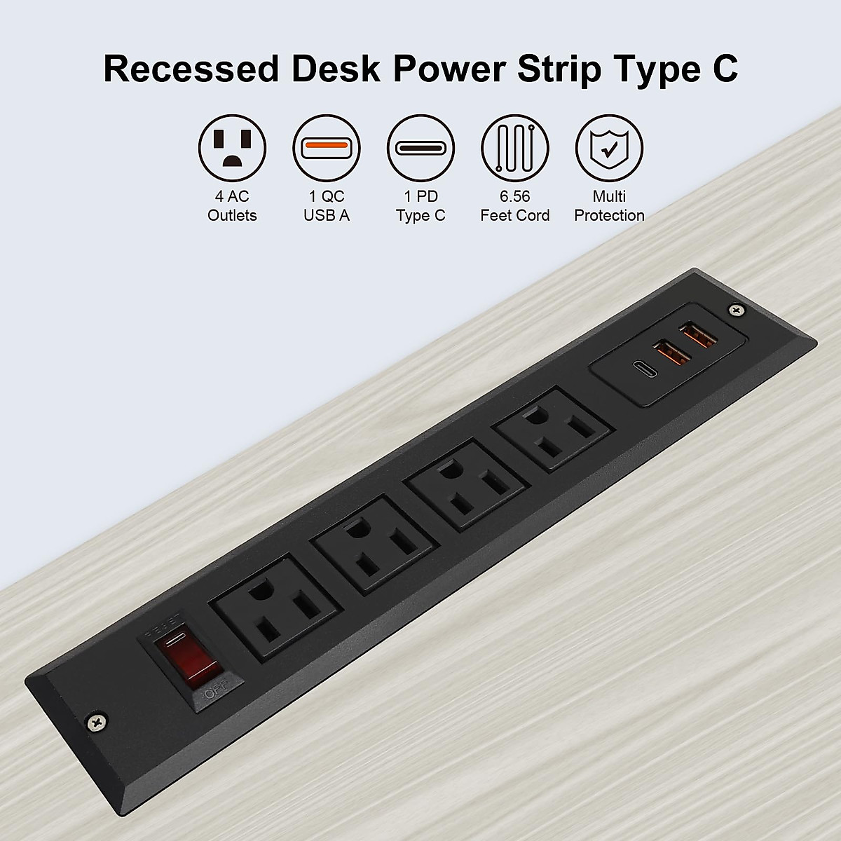 Recessed Power Strip with Type C 20W PD Fast Charge Desk Power Outlet 4 Outlets 2 USB and 1 USB C Built in Furniture Extension Power Plug for Dorm Office (Black)