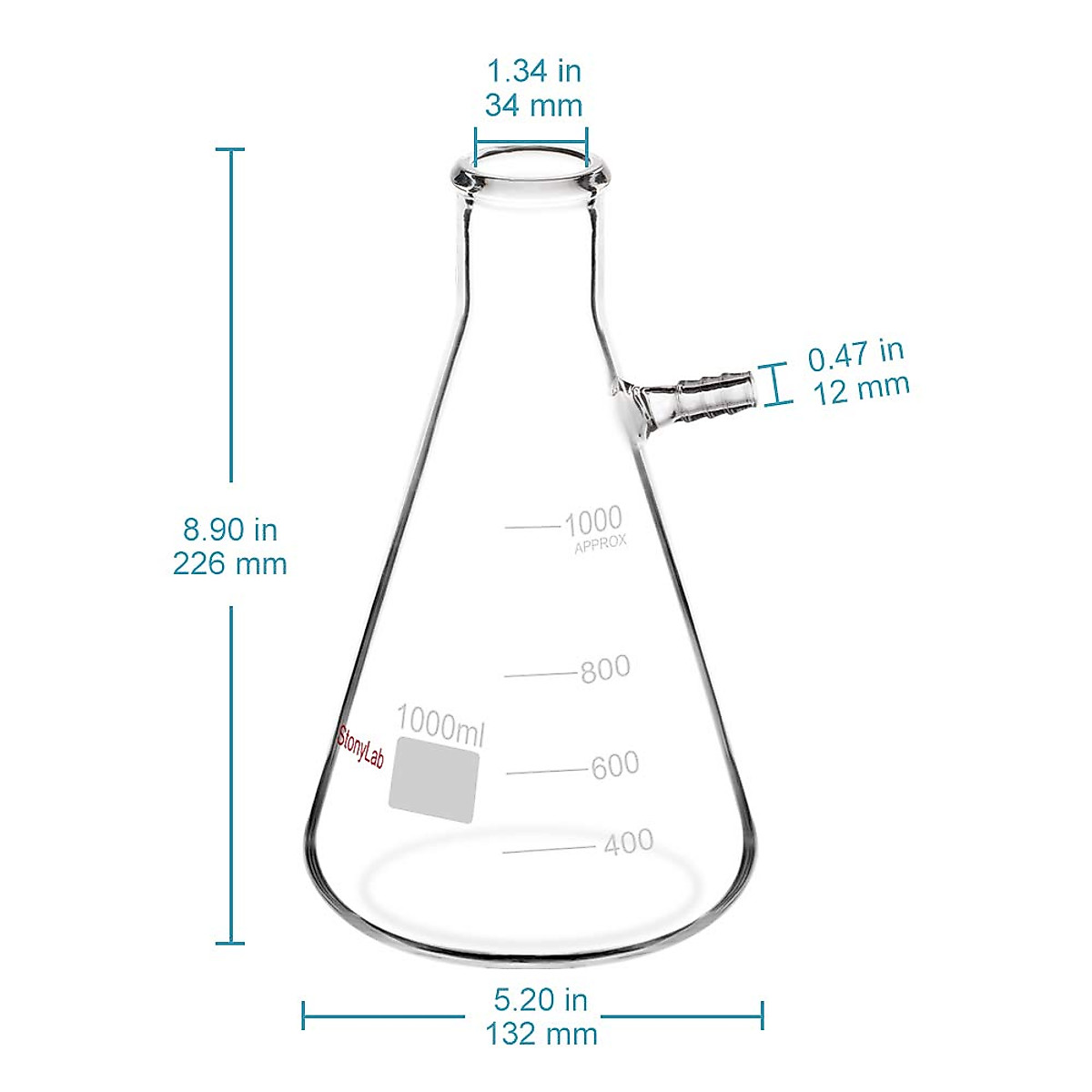 StonyLab 1000ml Borosilicate Glass Filtering Flask, Bolt Neck with Tubulation, 1L (1 Liter)