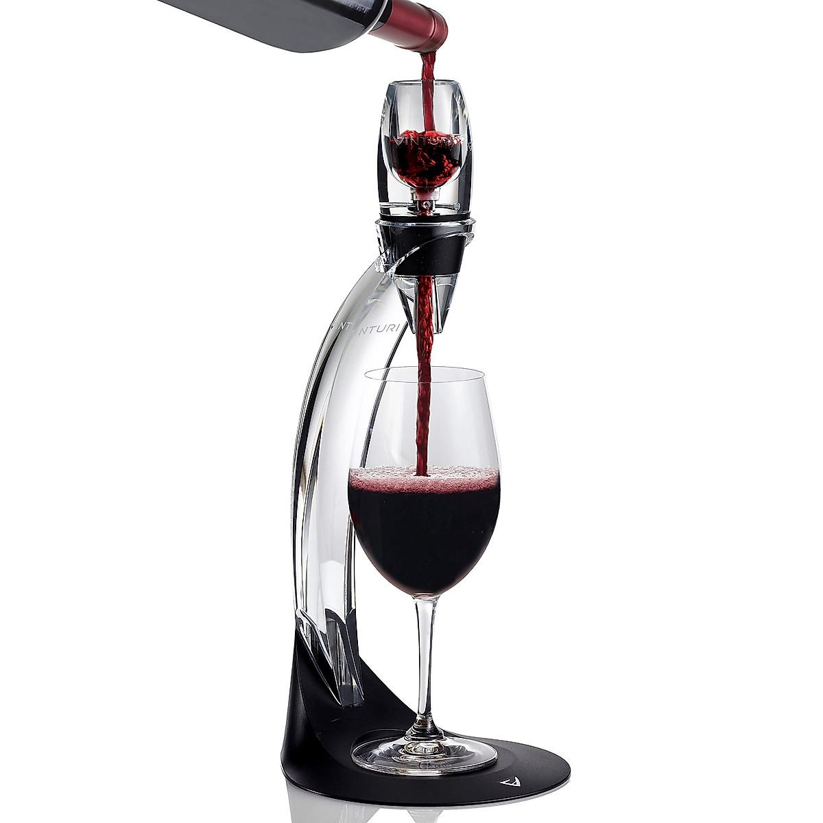 Vinturi Deluxe Essential Red Wine Pourer and Decanter Tower Stand Set Easily and Conveniently Aerates by The Bottle or Glass and Enhances Flavors with Smoother Finish, Black