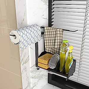 Rustproof Sink Caddy Sponge Holder-Can Hold Various Kitchen Gadgets and Small Items with Removable Drain Tray,Rotatable Dishcloth Rag Paper Towel Rack,No Drilling,Black,Aluminum+Carbon Steel