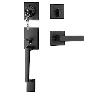 Haidms Black Front Door Handle and Deadbolt Set, Entry Door Handle and Deadbolt Set with Reversible Handle Lever,Front Door Lock Set, Front Door Handles and Locks