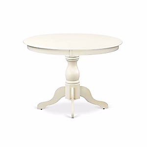 East West Furniture HBAB5-LWH-02 5 Piece Dining Room Table Set Includes a Round Dining Table with Pedestal and 4 Light Beige Linen Fabric Upholstered Parson Chairs, 42x42 Inch, Linen White
