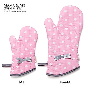 NEOVIVA Kitchen Oven Mitts for Kids, Heat Resistant Cotton Oven Gloves Set of 2 for Cooking Baking, Kitchen Gloves for Farmhouse Restaurant, Polka Dots Pink