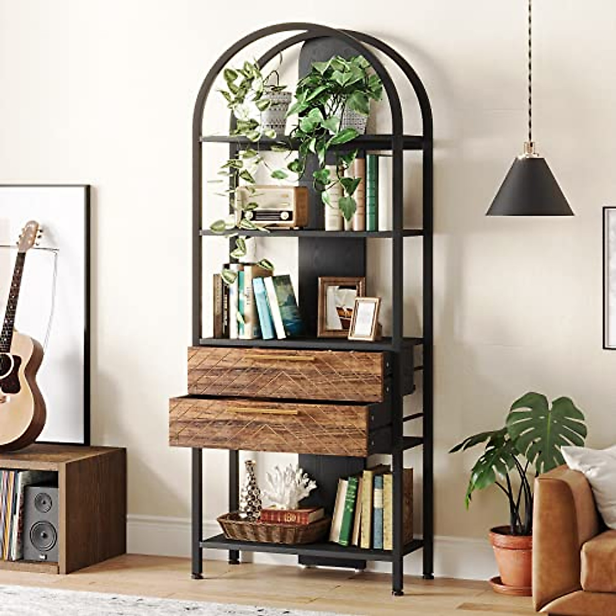 Tribesigns 4-Tier Bookshelf with 2 Drawers, Industrial Open Book Shelf Arched Bookcase, 70.8" Tall Storage Shelves Display Rack with LED Light and Metal Frame for Living Room, Home Office (1)