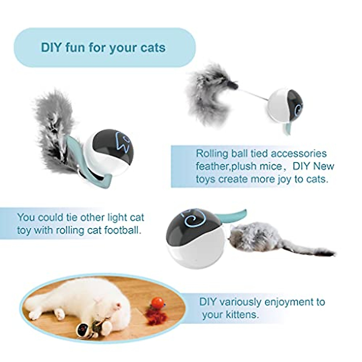 Migipaws Cat Toys, Automatic Moving Ball Bundle Classic Mice + Feather Kitten Toys in Pack. DIY N in 1 Pets Smart Electric Teaser, USB Rechargeable (White)