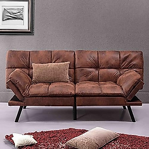 RIDFY Convertible Futon Couch Bed, Modern Folding Sleeper Sofa Bed, Memory Foam Futon Sofa Bed, Couch Daybed with Adjustable Armrests, Pull Out Sleeper(Black) (Brown)