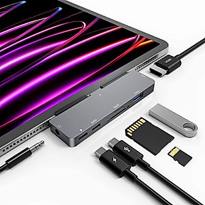 iPad Pro USB C Hub, 4K 60Hz HDMI 7-in-1 Adapter for iPad Pro M2 12.9 11 inch iPad Air 5 Docking Station, USB-C PD, SD/TF Card Reader, USB 3.0, 3.5mm Headphone Jack, iPad Mini 6 Accessories