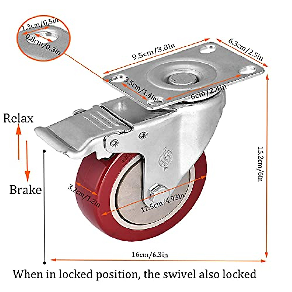 YOOGAA 5" Heavy Duty Caster Safety Dual Locking Swivel Caster Wheels with Screw Total Capacity 1500lbs (Set of 4 with Brake)…