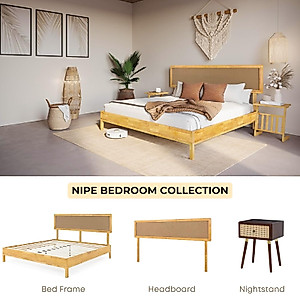 Bme Nipe King 14 Inch Bohemian Bed Frame with Adjustable Woven Headboard - Rustic & Vintage Unique Style with Rubber Wood - No Box Spring Needed - Easy Assembly - Natural