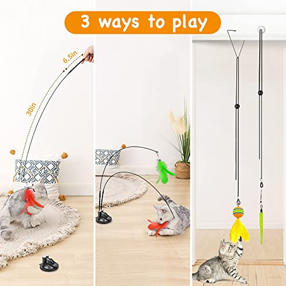 HOSFROLL Cat Toys Wand, Interactive Cat Toy with Super Suction Cup Sticky Detachable 12 PCS Feather Replacements 2 Wands Cat Spring Feather Toys for Indoor Cats Kitten Toys (9 Toys Double Headed)