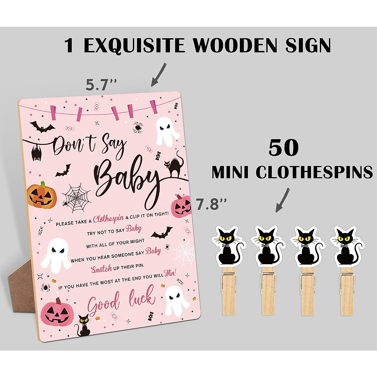 Don't Say Baby Clothespin Game, Halloween Baby Shower Game Wood Sign and 50 Pcs Mini Clothespins, Gender Neutral, Halloween Baby Shower Party Decoration Favors Supplies, Halloween Decor-2