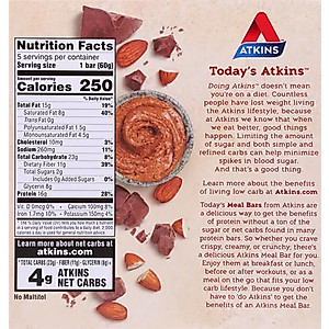 Atkins Chocolate Almond Butter Protein Meal Bar, Keto Friendly, 5 Count