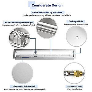 Skyflame 36" Linear Stainless Steel Fire Pit Drop-in Burner Kit with Flame Sensing, Electronic Spark Ignition, CSA Certified, and Propane Regulator Connector Hose Set for Propane Tank