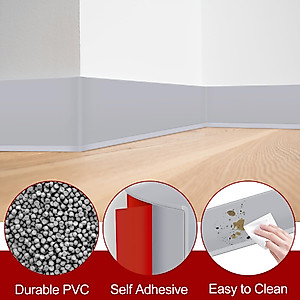 ToLanbbt 26.3 FT Baseboard Trim Molding Wall Base Cove Flexible Vinyl Self-Adhesive Base Trim, 4 in Peel and Stick Avoid Dust Rubber Baseboard Trim for Bedroom Garage Office School Cover Walls, Gray