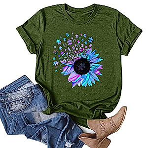 Women Blouse Funny Shirts for Women, Women's Sunflower Printing Casual Top Short Sleeve T Shirt Round Neck Plus Size Tshirts Blusas Casuales de Mujer Bonitas