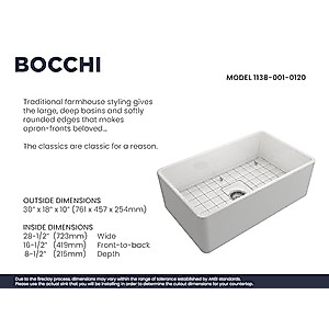 BOCCHI Classico Farmhouse Apron Front Fireclay 30 in. Single Bowl Kitchen Sink with Protective Bottom Grid and Strainer in White