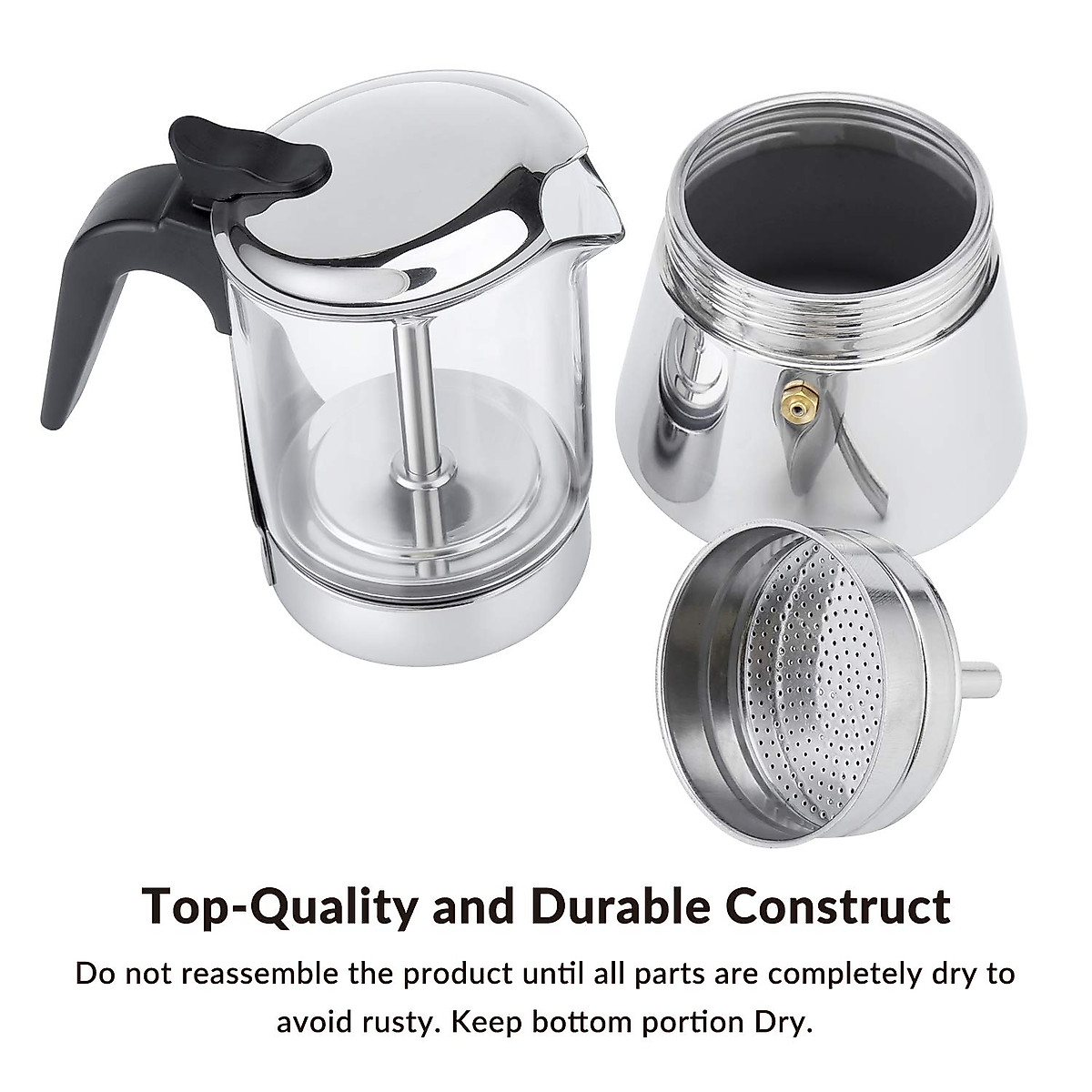 GEESTA Premium Crystal Glass-Top Stovetop Espresso Moka Pot - 4 / 6/ 9 Cups Stainless Steel Coffee Maker- 240ml/8.5oz/6 cup (espresso cup=40ml)