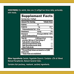 Nature's Bounty Fish Oil plus D3, Contains Omega 3, Immune Support & Supports Heart Health, 1200mg Fish Oil, 360mg Omega 3, 1000IU Vitamin D3, 90 Softgels