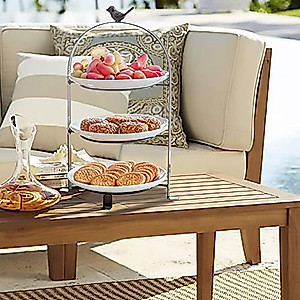 SparkWorks 3 Tiered Cake Stand, Tea Party Serving Platter, Dessert and Cupcake Stand, Metal Tiered Serving Stand Includes Three Premium White Stoneware Plates