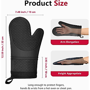 Extra Long Silicone Oven Mitts, Heat and Slip Resistant Oven Mitts with Soft Cotton Lining Non-Slip Textured Grip, Long Flexible Thick Gloves for BBQ, Baking, Cooking, 12.59 inches, Black