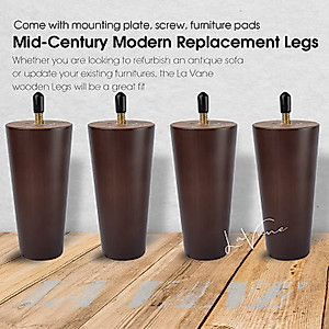 La Vane 6 inch / 15cm Wooden Furniture Legs, Set of 4 Walnut Solid Wood Tapered M8 Furniture Replacement Feet with Pre-Drilled 5/16 Inch Bolt & Mounting Plate & Screws for Sofa Chair Couch Ottoman