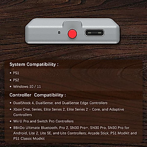 8Bitdo Retro Wireless Controller Adapter Receiver for PS1 PS2 / Windows 10/11, Compatible with PS5/PS4 Controller, Xbox Series Controller, Xbox One Bluetooth Controller and Switch Pro Controller