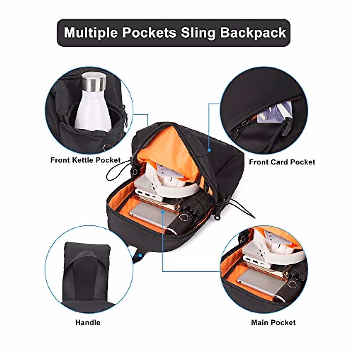 Black Sling Crossbody Bag for Men Women, Tactical Backpack Shoulder Daypack Mini Anti-Theft Cross Body Motorcycle Chest Bags, Small One Strap Backpack for Casual Travel Hiking Outdoor Sports