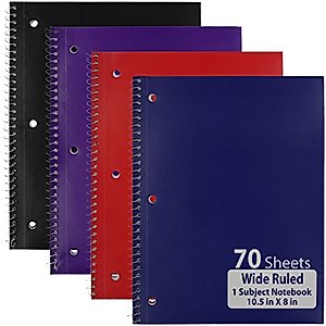 Emraw Single Subject Notebook Spiral with 70 Sheets of Wide Ruled White Paper - Set Includes: Red, Black, Purple, & Blue Covers (4 Pack)