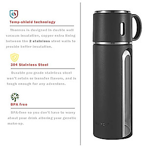 Stainless Steel Bottle Coffee Cup with Handle Vacuum Insulated, BPA Free Leak-proof Mug, Hot & Cold Up to 12 Hours for Work, Outdoor, Biking, Backpack, Camping, Office or Car (Black)