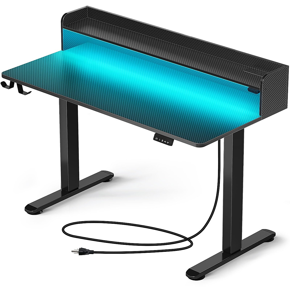 Rolanstar Standing Desk with LED Lights & Charging Station, 55" Height Adjustable Desk with Monitor Stand, Electric Gaming Desk with 2 Hooks, Sit Stand Home Office Desk, Carbon Fiber Surface Black
